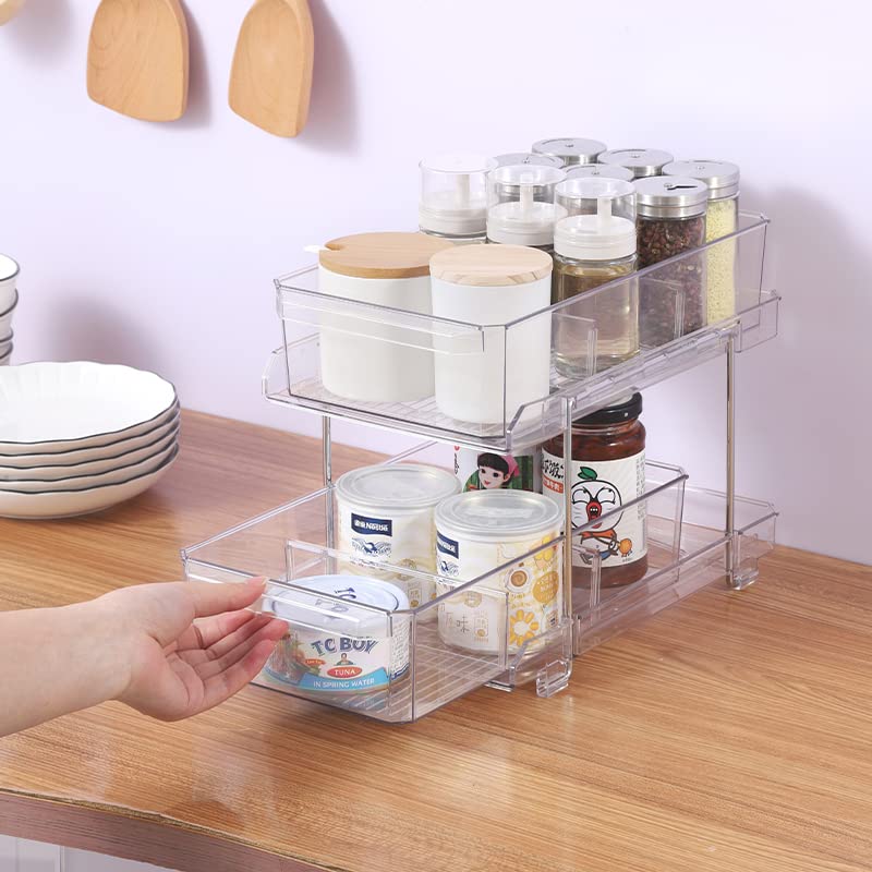 2-Tier Clear Organizer with Sliding Storage Drawers, Baskets, with Handles and Dividers for Kitchen, Closet, Kitchen Pantry Medicine Cabniet Storage Bins Bathroom, and Office, BPA Free (1 PACK)