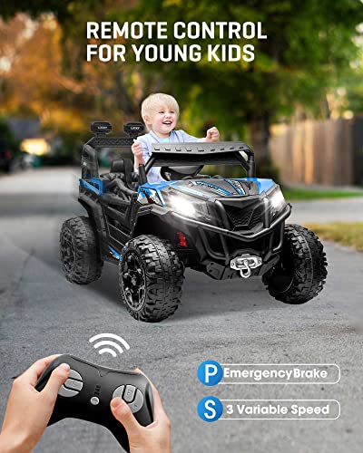 ANPABO 24V 4WD Ride on Car Truck w/Remote Control, 2WD/4WD Switchable Kids UTV, 4 Shock Absorbers, 19" Spacious Seat, Soft Start, Music Player, Electric Car for Kids Ages 3+ -Blue…