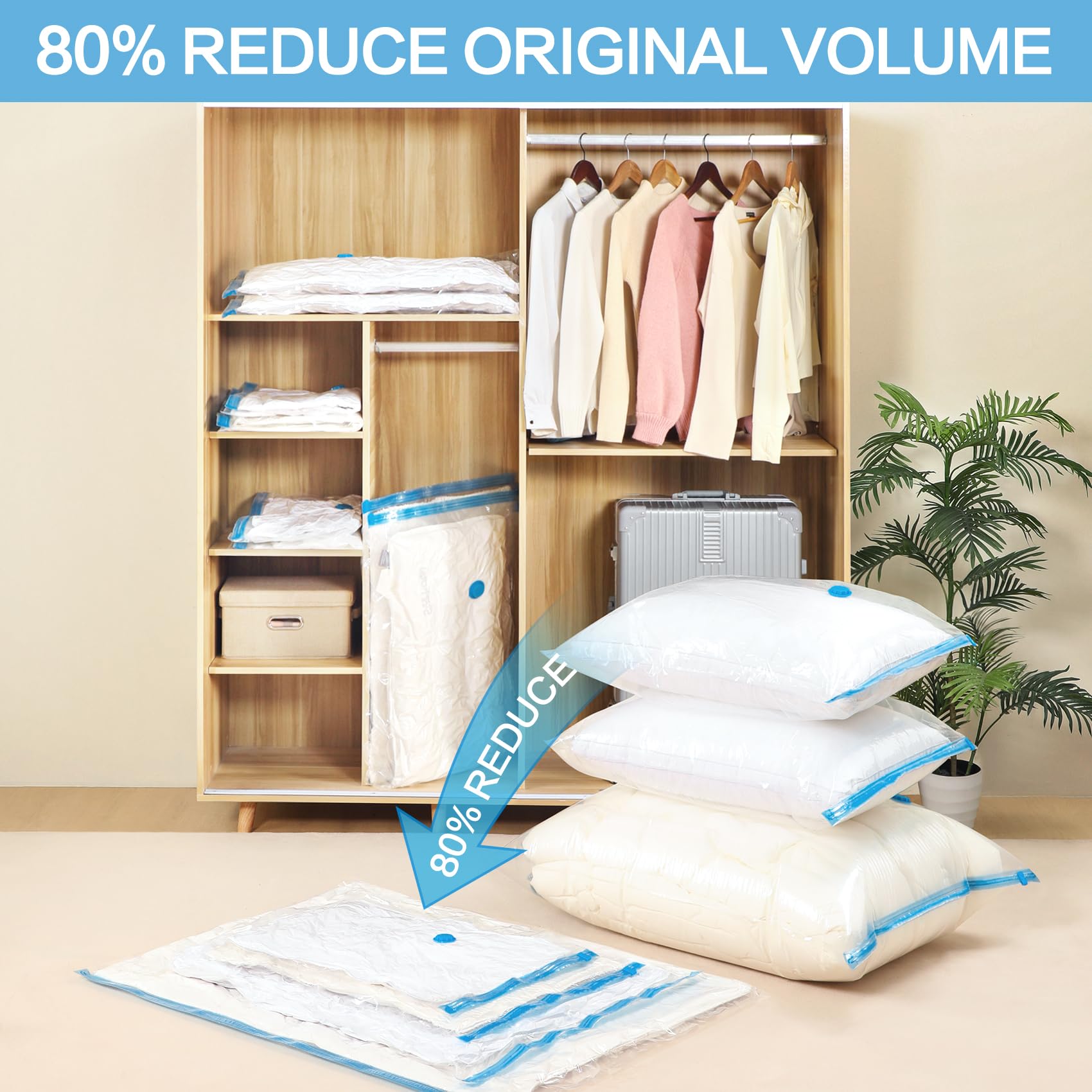 8 Pack Large Vacuum Storage Bags, Space Saver Vacuum Bags, Large Vacuum Seal Bags For Clothing, Clothes, Pillows, Comforters, Blankets, Bedding with Hand Pump
