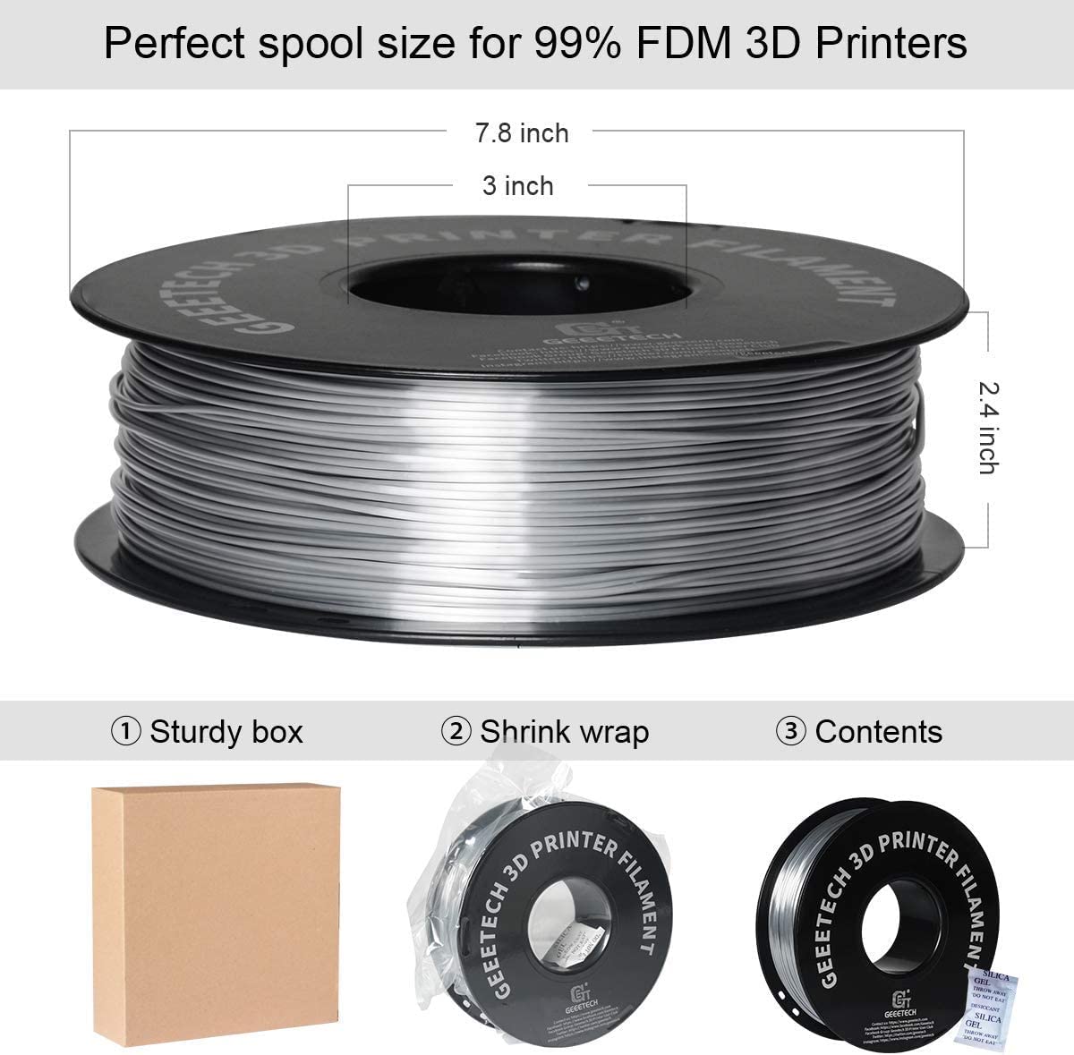 Geeetech Silk PLA Filament 1.75mm for 3D Printer, Metal-Like Shiny Consumable 1kg (2.2lbs) 1 Spool, Dimensional Accuracy +/- 0.03 mm,Metallic Silver