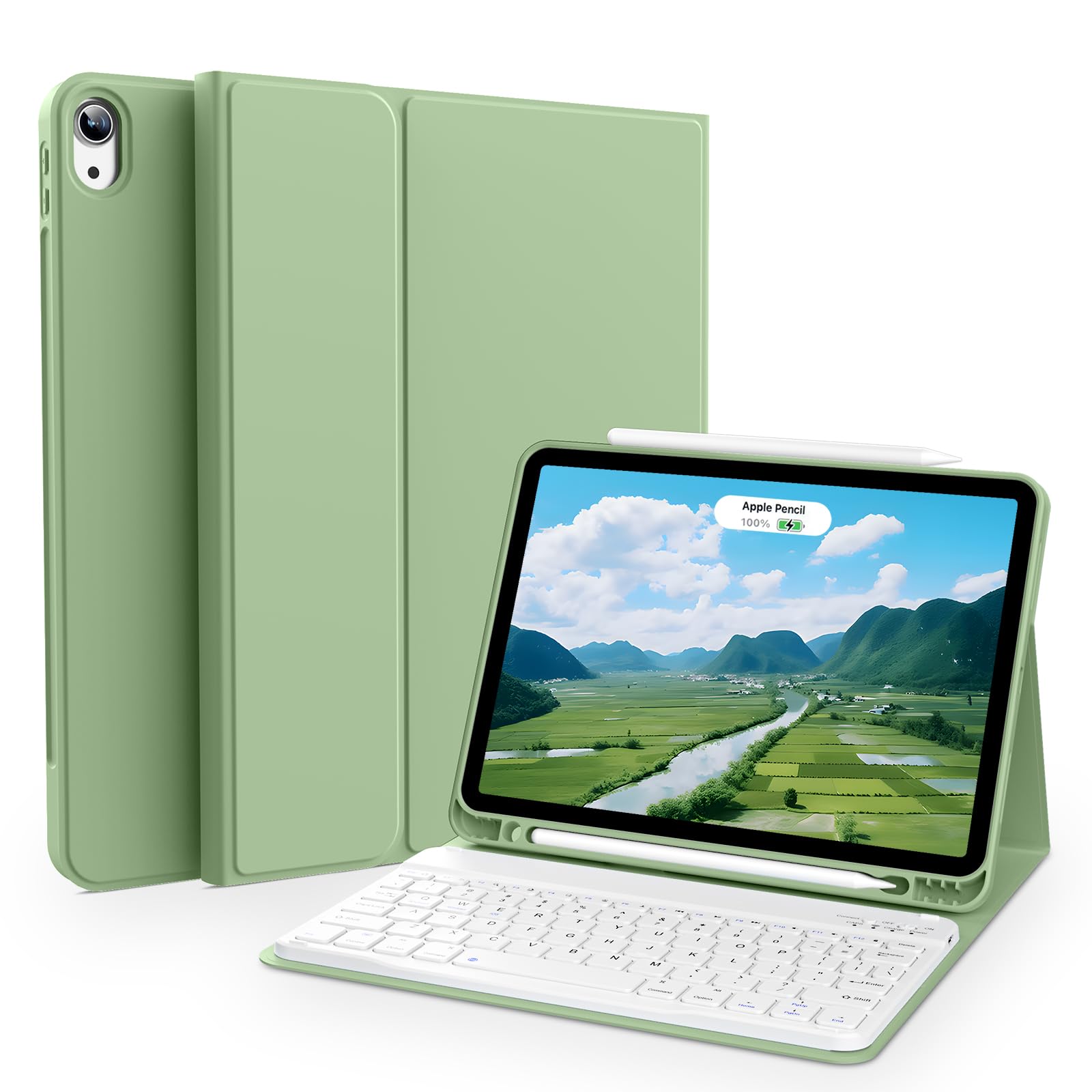 Aoub Case for iPad Air 6th 11-inch M2 2024, iPad Air 5th/4th Generation 10.9 inch 2022/2020, Stand Folio Detachable Wireless Bluetooth Keyboard Cover Soft TPU Back Case with Pencil Holder, Light Green