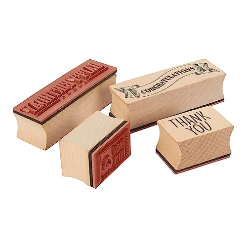 4-Piece Card Making Stamps Set - Wood Mounted Rubber Stamps for Card Making, DIY Crafts, Scrapbooking - Happy Birthday, Thank You, Congratulations, with Love