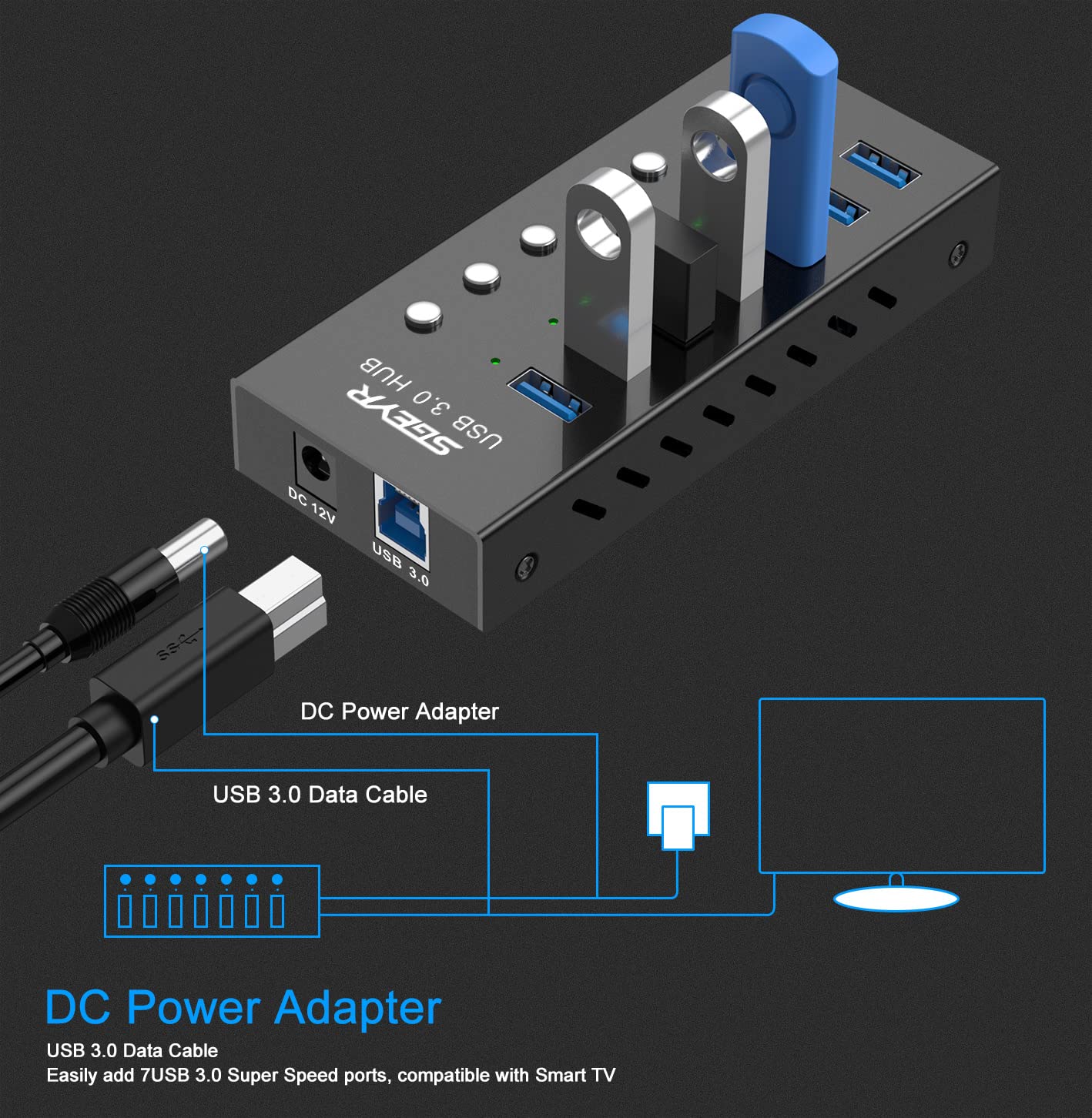 SGEYR Powered USB Hub, Aluminum USB 3.0 Data Hub Splitter 7 Ports with USB Charging Ports and Individual On/Off Switches with 12/2A(24W) Power Adapter for Laptop,HD Webcam,Printer (Light Black)