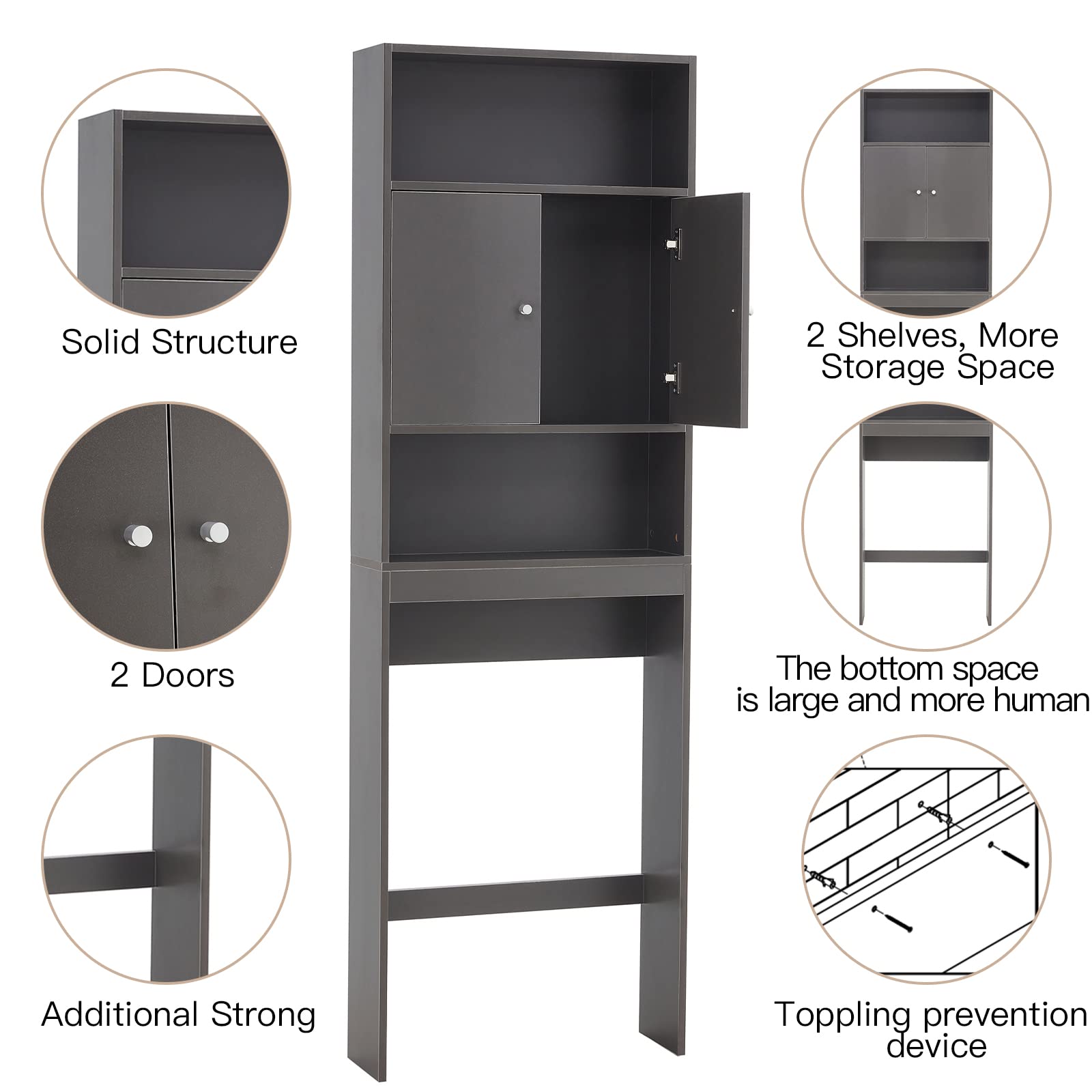 ME2 Bathroom Over The Toilet Storage, 77'' Taller Bathroom Organizer Shelf Space-Saving Collect Cabinet with Shelves and Double Doors, Grey