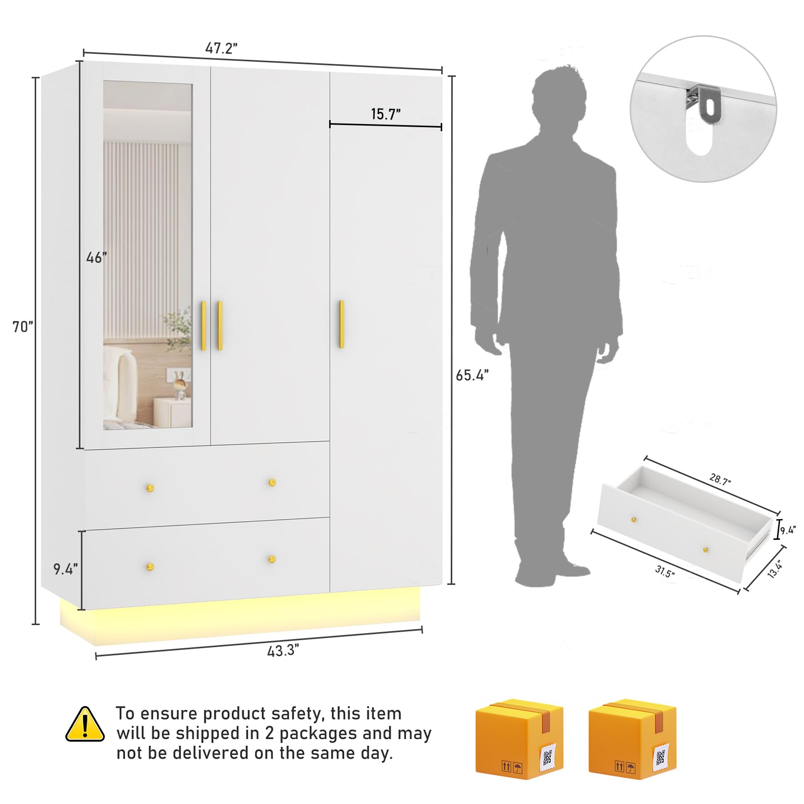 3 Doors Armoire Wardrobe Closet with Mirror, LED Armoire with Doors and Drawers, Wooden Armoire Storage Cabinet with Hanging Rod, Adjustable Shelves, White