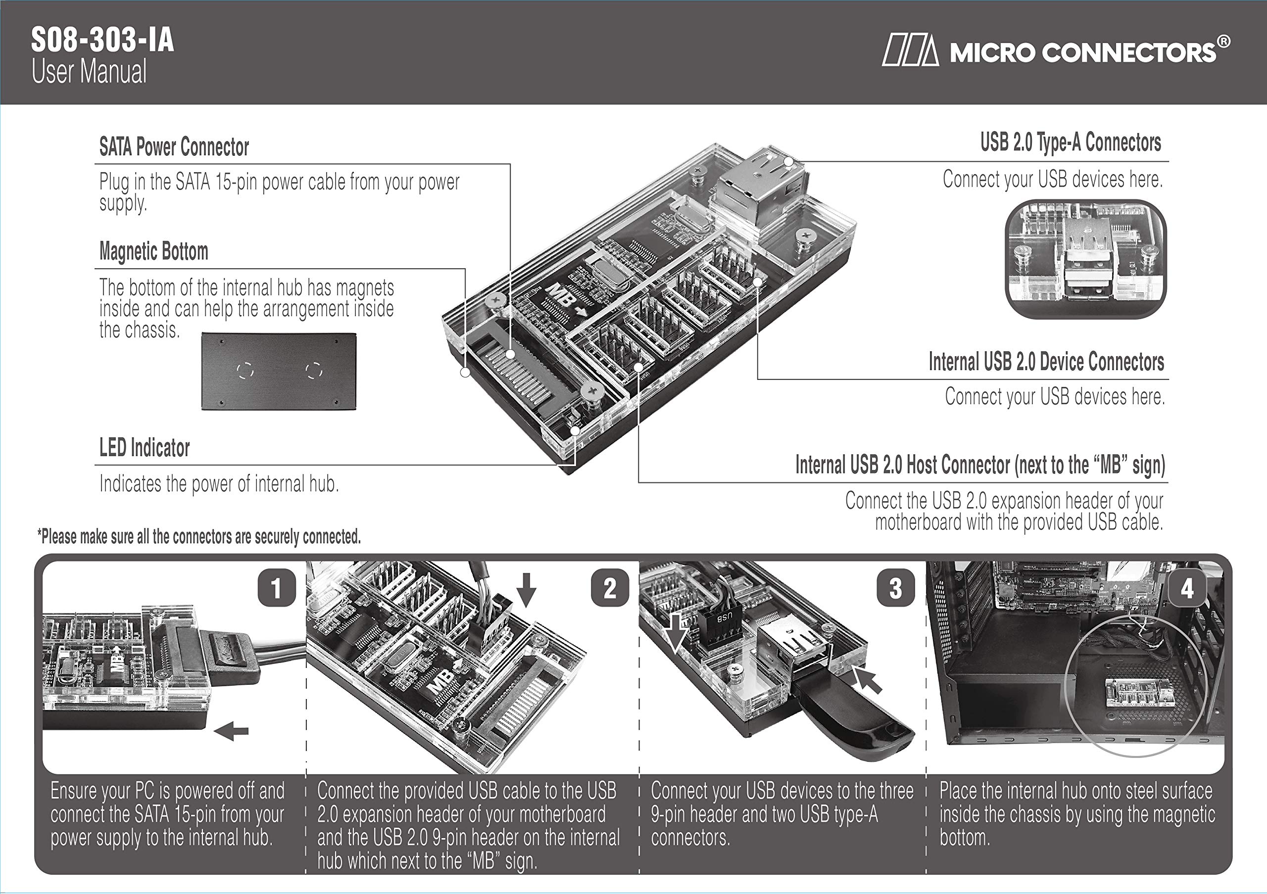 Micro Connectors S08-303-IA - Acrylic Internal USB 2.0 Hub with Magnetic Base - 5 USB 2.0 Ports Expansion