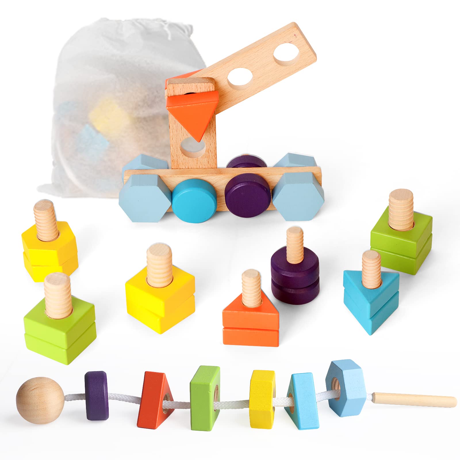 Abellzos Wooden Lacing Beads, 30 PCS Wooden Nuts and Bolts Toys, Fine Motor Skills Montessori Toys for 2 Year Old, Lacing Toys Montessori Learning Educational Game for Boys Girls