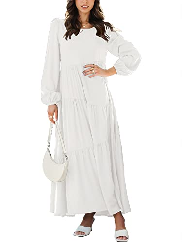 ANRABESS Womenβs Boho Casual Loose Puff Long Sleeve Crewneck Asymmetric Tiered Beach Maxi Long Dress 596bai-M White
