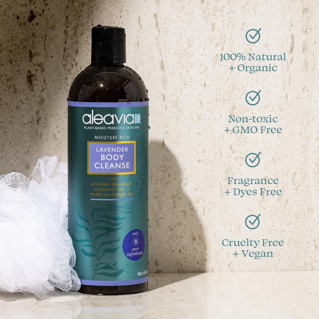 Aleavia Lavender Body Cleanse – Organic & All-Natural Prebiotic Body Wash, Scented with Pure Essential Oils – Nourish Your Skin Microbiome – 16 Oz.