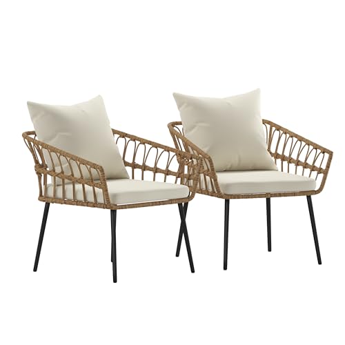 Flash Furniture Evin Set of 2 Boho Indoor/Outdoor Patio Chairs - Natural Finish Faux Rattan Wicker - Cream All-Weather Cushions - Integrated Armrests