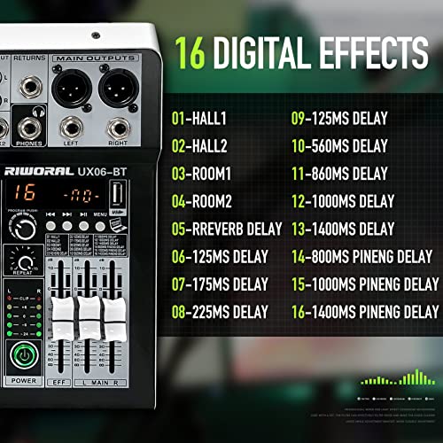 6 Channel Audio Interface Sound Board Mixing Console 16-Bit DSP DJ Mixer Audio Reverb Effect +48V Phantom Bluetooth Studio Audio Mixer For Karaoke Studio Streaming Recording