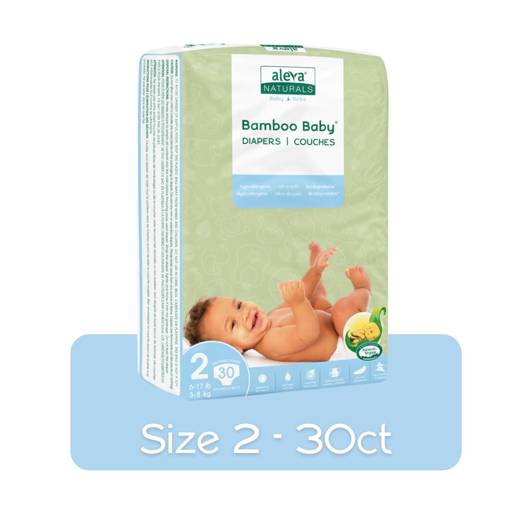 Aleva Naturals Hypoallergenic Bamboo Baby Diapers for Baby, Ultra Soft, Sensitive Skin Friendly, Biodegradable, Disposableā Size 2 (6-17 lbs/3-8 kg) | 30ct,37845