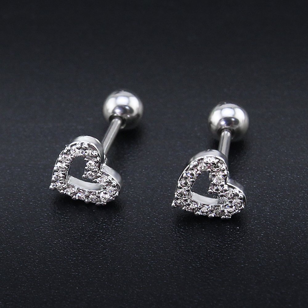 16g Sparkling Cubic Zirconia Stainless Steel Stud Earrings Tragus Helix Conch Cartilage Ear Piercing (Heart)