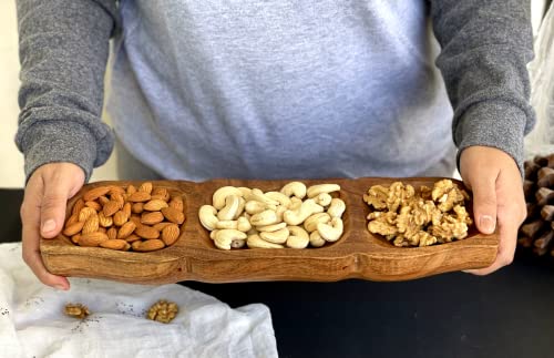 3 Compartment Acacia Wood Tray for Nuts, Candy, Snacks, Appetizers, Chips, Condiments, Crackers, Divided Serving Platter for Parties, Decorative Sectional Relish Tray for Christmas Holidays- 15''