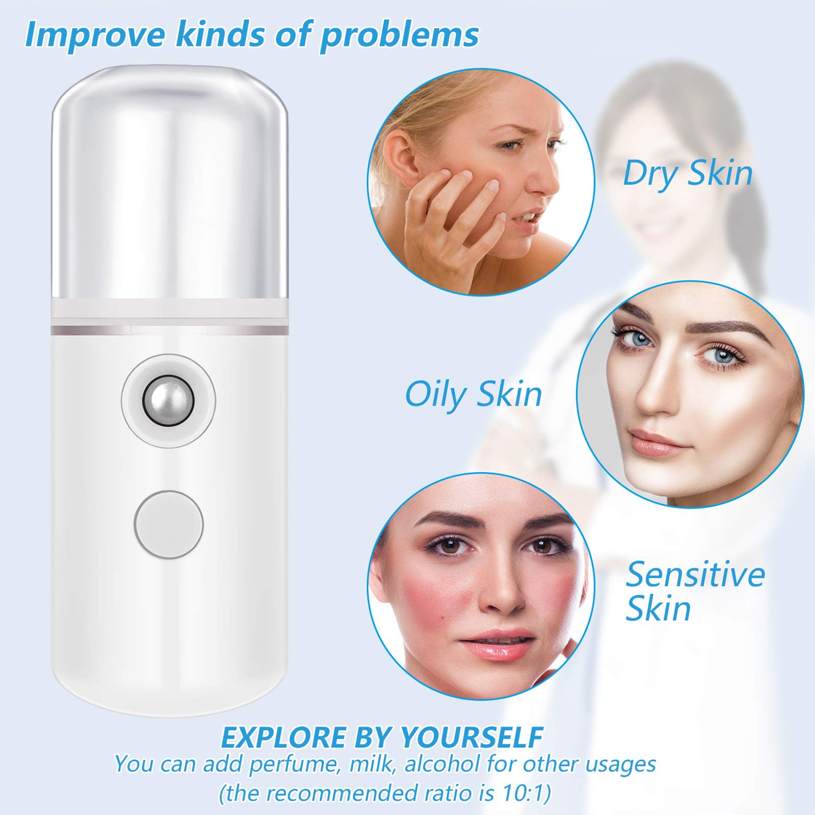 Mudder 4 Pcs Nano Facial Mister Handy Nano Mist Sprayer 30ml Visual Water Tank Portable Face Steamer Mini USB Mister for Lash Extensions, Skin Care, Makeup(White, Light Pink, Blue, Pink)