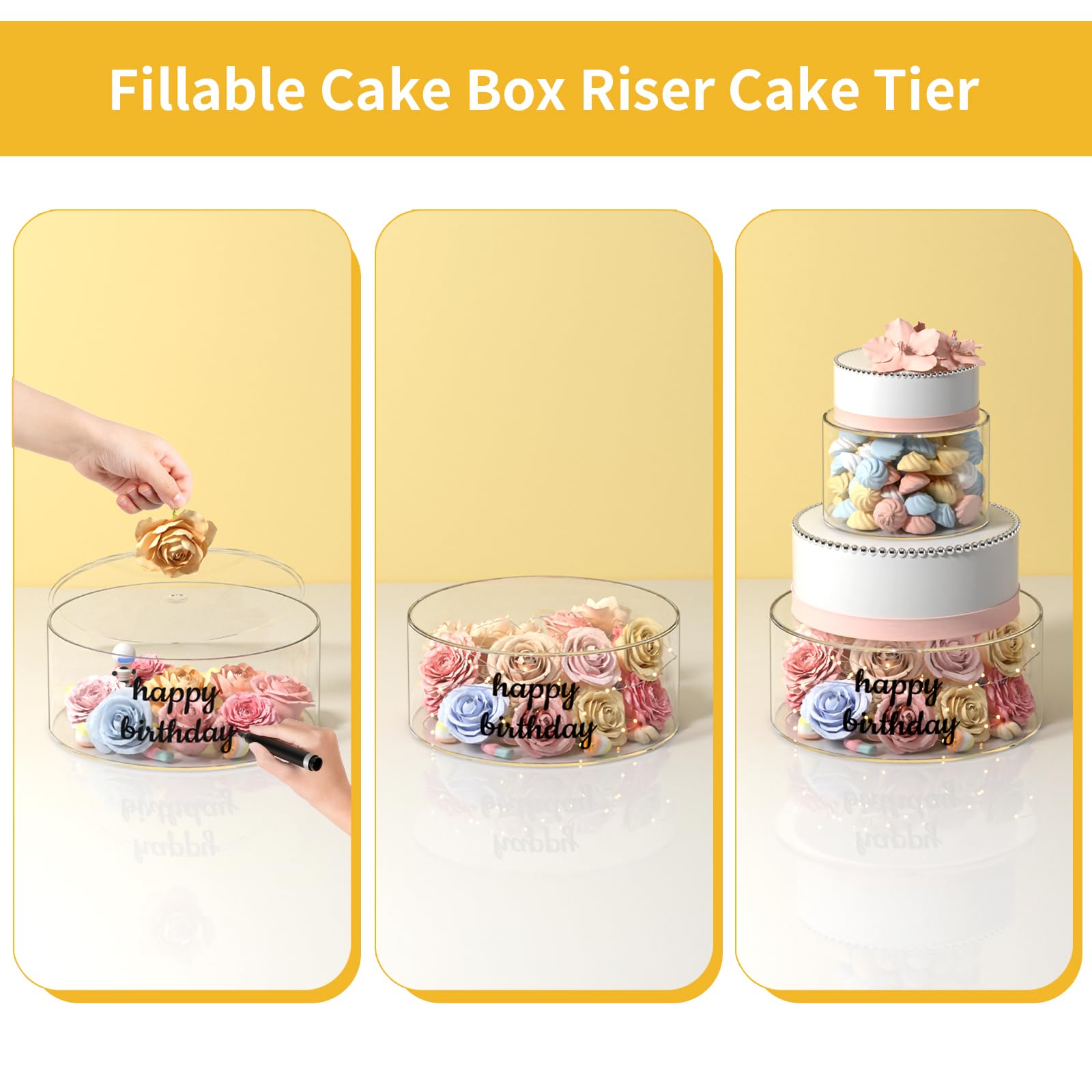 2 PCS Clear Acrylic Cake Stand, FEMELI Fillable Cake Box Case Tier Holder, Cylinder Round Cake Riser Display Box with Lid, Centerpiece Cake Base with Lights for Birthday Wedding Party Decor(10*4, 6*4)