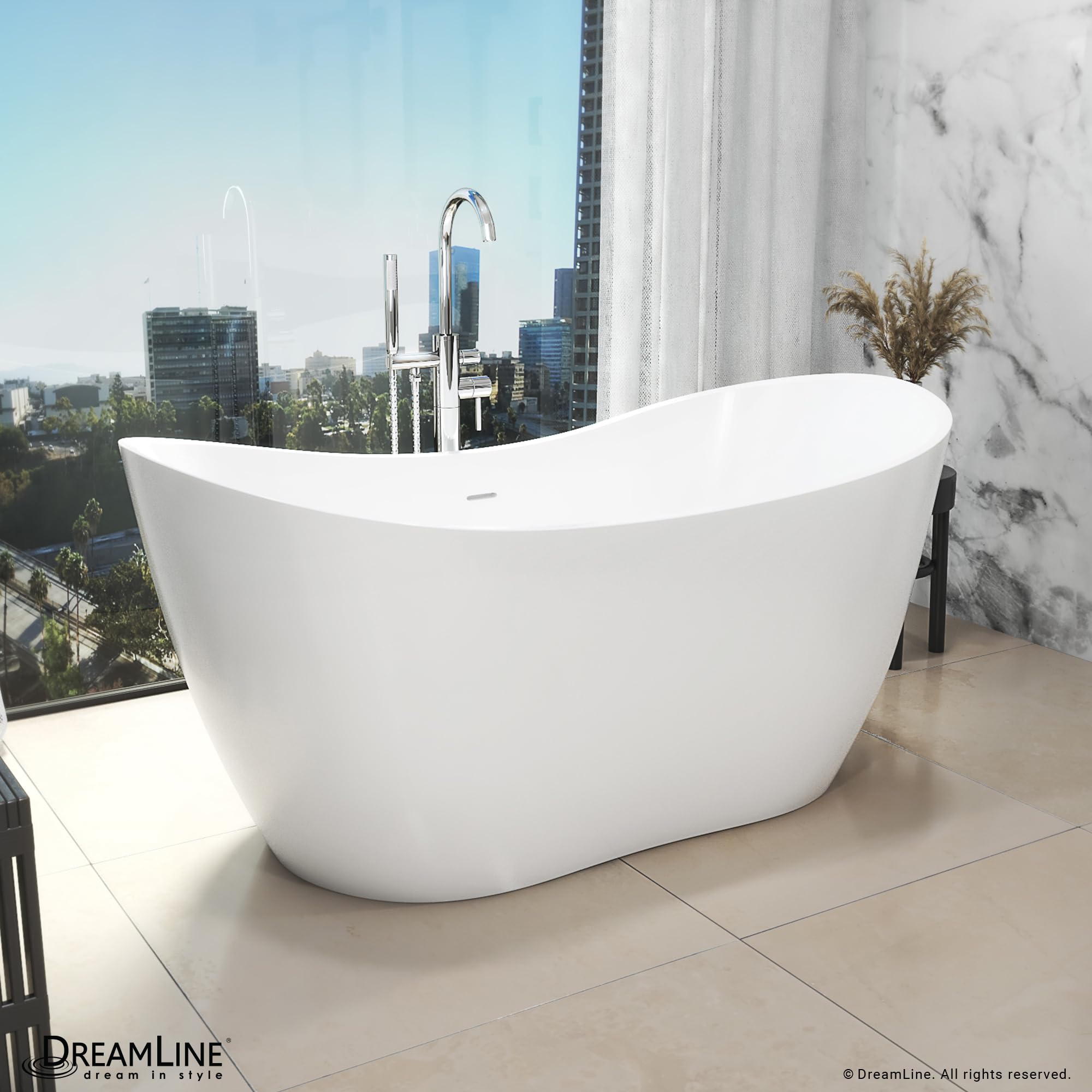 DreamLine Nile 59 in. L x 28 in. H Acrylic Freestanding Bathtub with White Finish