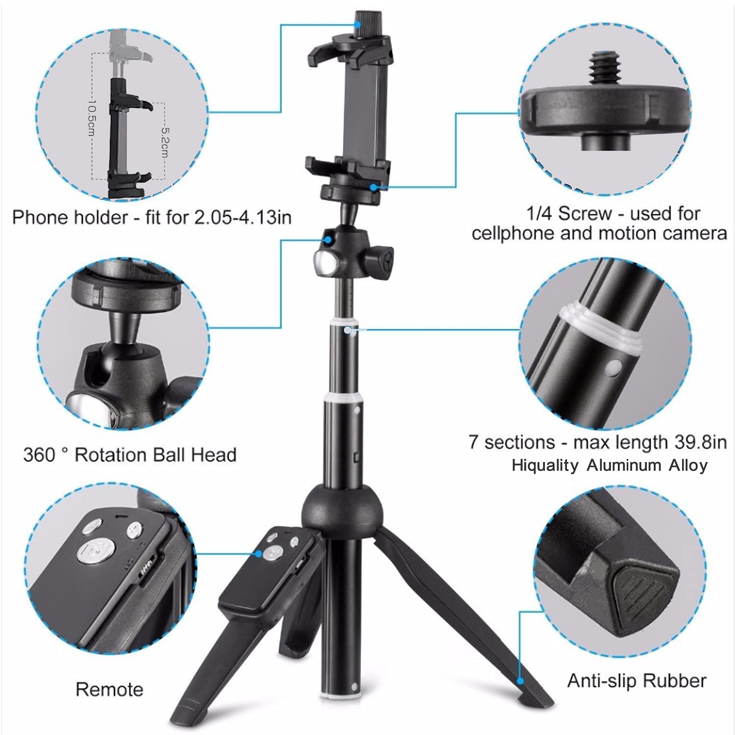 Tripod Monopod Selfie Stick, Long Extendable with Wireless Remote Shutter Control Phone Clip Holder,Compatible with All Cellphones