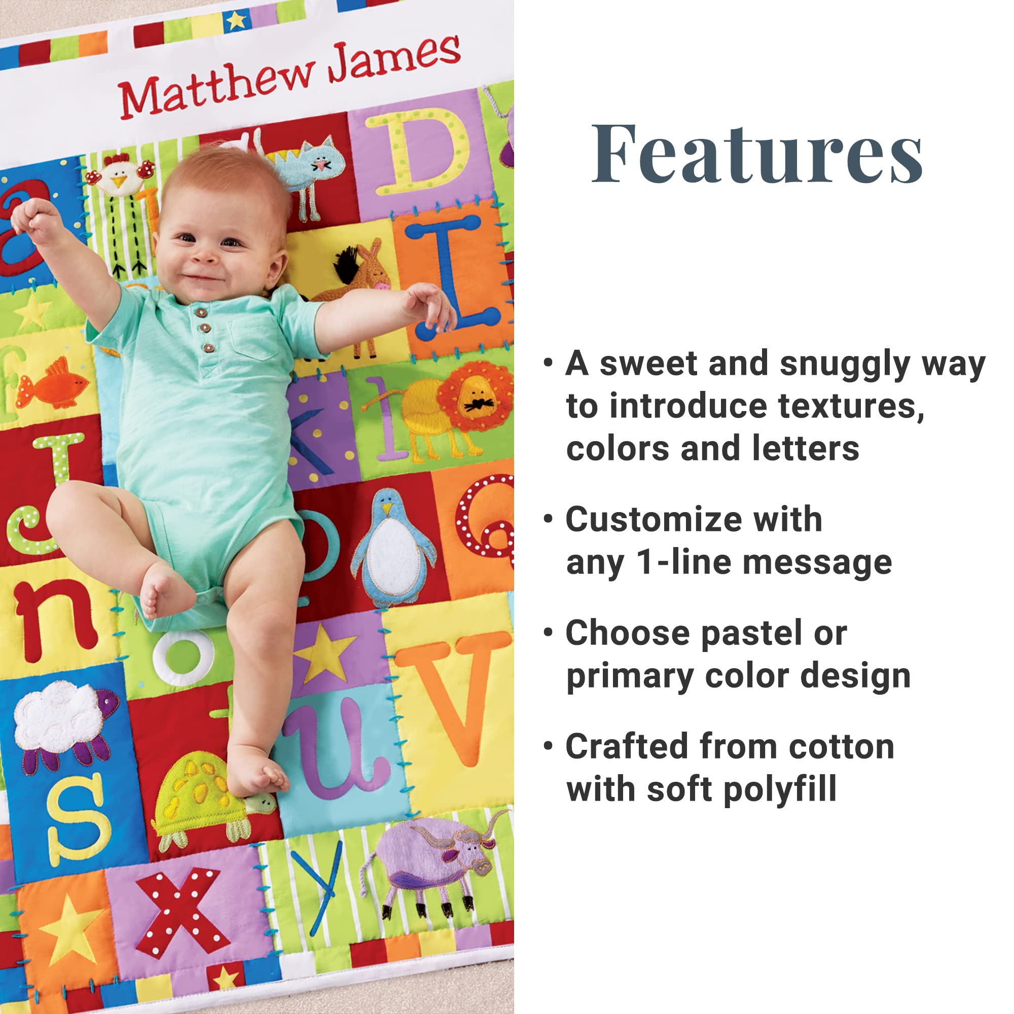 Let's Make Memories Personalized Baby Quilt - 3D Applique & Embroidered Name - Heirloom Keepsake for New Baby - Textured Details - Alphabet & Animals - Nursery Decor - Baby Shower - 42x32 - Primary