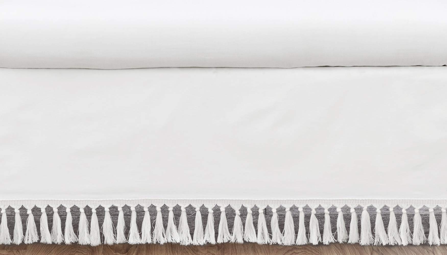 Sweet Jojo Designs White Boho Bohemian Girl Baby Nursery Crib Bed Skirt Dust Ruffle - Solid Color Shabby Chic Princess Luxurious Luxury Elegant Vintage Designer Boutique Victorian Cotton Fringe Tassel