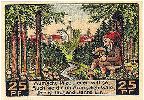 1921 DE Delightlful Century Old German Currency w Elf admiring Giant Mushroom! Original and Authentic Bill! Pfeenigs to 1 Mark About Uncirculated or Better