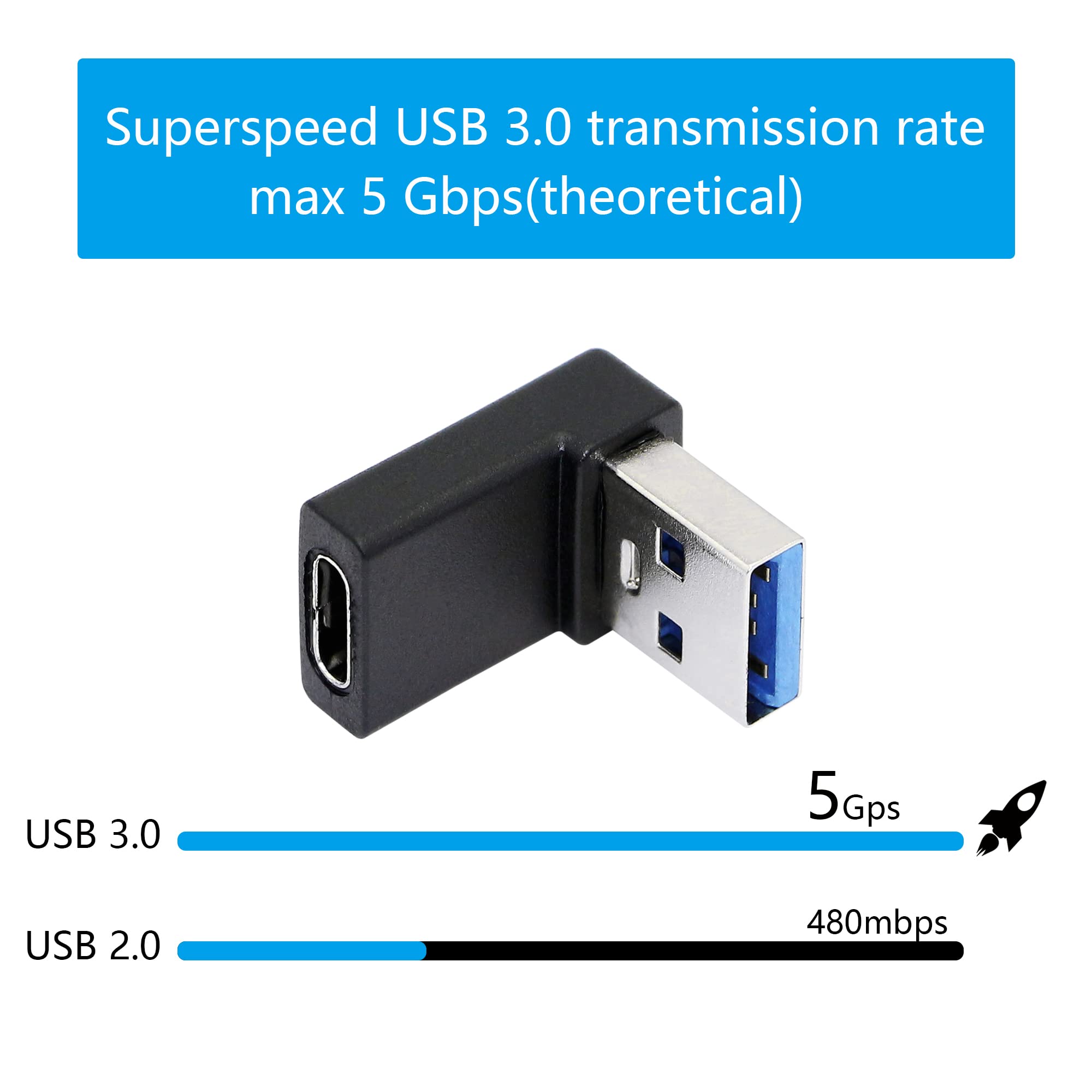 CERRXIAN Right Angle USB C to USB A Adapter, Up Angle & Down Angle USB A 3.0 Male to USB Type C 3.1 Female Connector Adapter for Laptops, Wall Chargers, Power Banks(2-Pack)