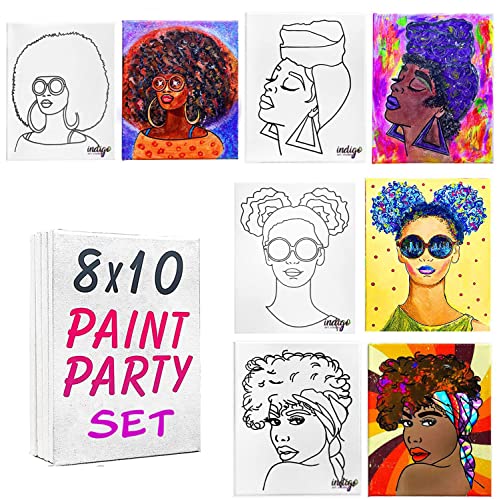 4 PACK 8x10 AFRO QUEEN PAINT PARTY SET 2 | Pre Drawn Stretched Canvas Kit | Birthday Gift | Adult Sip and BLM Party Favor | DIY Virtual Party 2 (8x10 Inches)