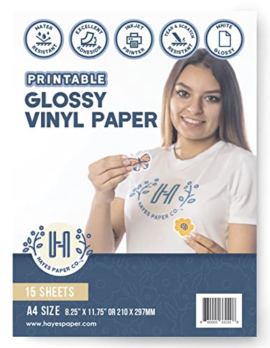 HAYES PAPER, Vinyl Sticker Paper for Inkjet Printers, 15 Premium Glossy White Waterproof Vinyl Sheets, A4 Size