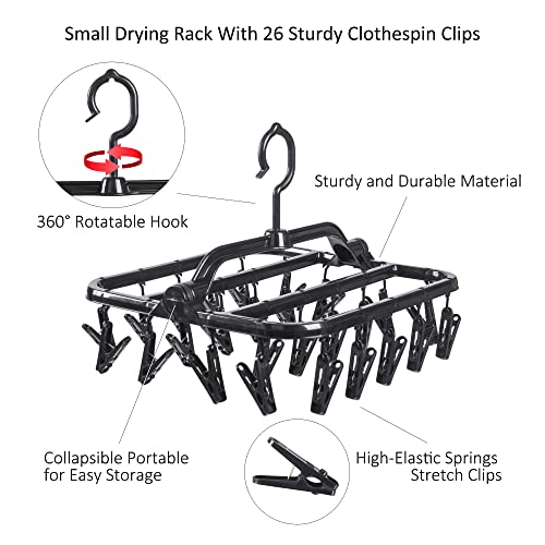 Annaklin Foldable Clip Hangers with 26 Drying Clips, Underwear Hanger with Clips, Plastic Laundry Clip and Drip Drying Hanger for Socks, Bras, Lingerie, Clothes, Sturdy, Black