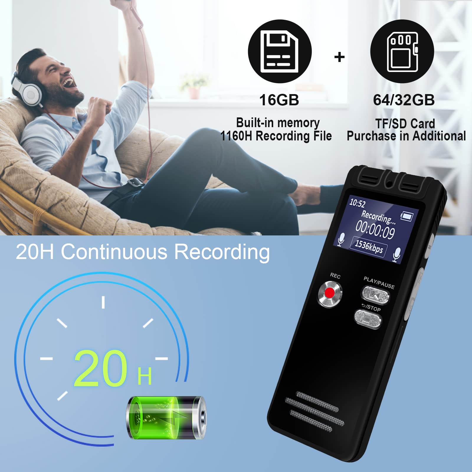 16GB Digital Voice Recorder: Small Voice Activated Recording Device with Playback | Password, Pocket Audio Tape Recorder Portable Dictaphone for Lecture Meeting Interview