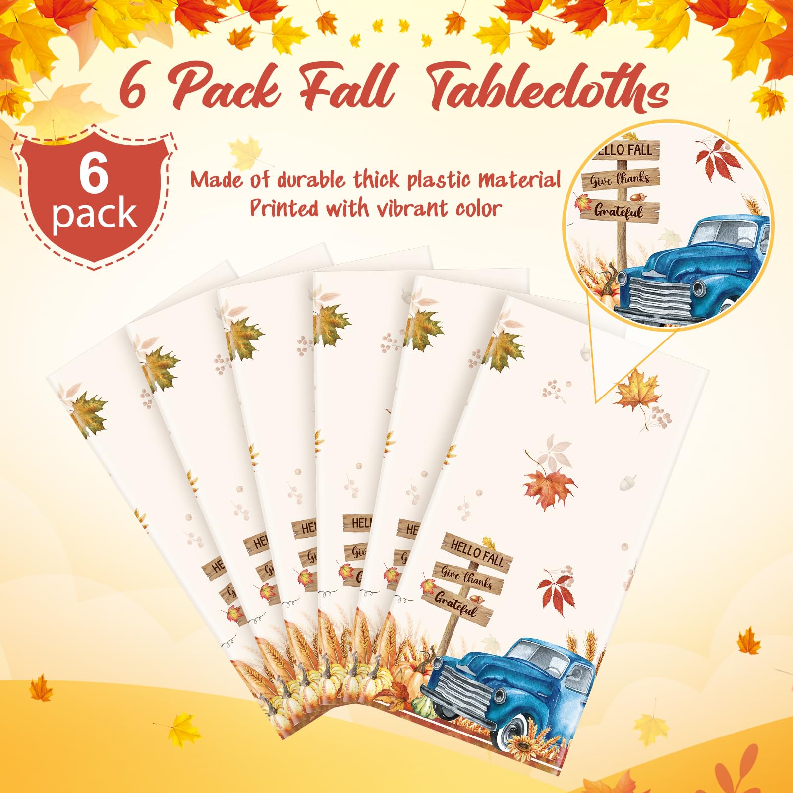3 Pack Fall Tablecloth for Rectangle Tables, Disposable Fall Pumpkin Thanksgiving Table Cover, Maple Leaf Truck Fall Farmhouse Plastic Table Cloth for Autumn Thanksgiving Harvest Party Decorations