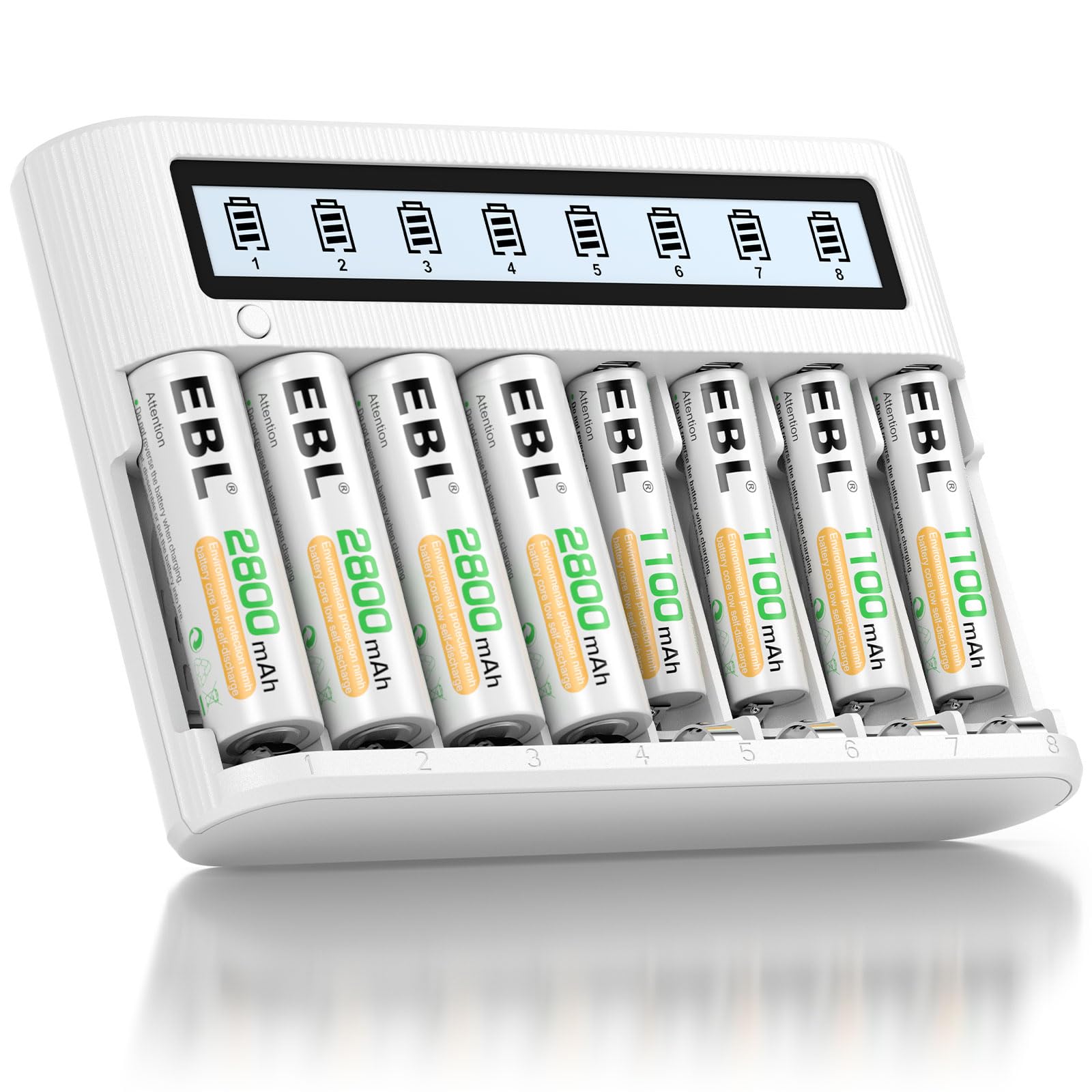 EBL 8 Bay Battery Charger with LCD Screen Fast Charging, AA AAA Battery Charger with 2800mAh NiMH AA Batteries 4pcs & 1100mAh AAA Battery 4pcs Combo