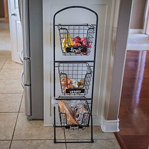 BIRDROCK HOME 3-Tier Wire Market Basket Stand with Chalk Label - Snack Fruit Vegetable Produce Metal Hanging Storage Bin for Kitchen Pantry - Free-Standing or Stacking Organizer - Black