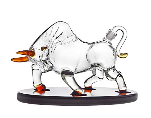 Animal Whiskey Decanter Bull On Wooden Display Tray - For Liquor Scotch Vodka or Wine - 500ml