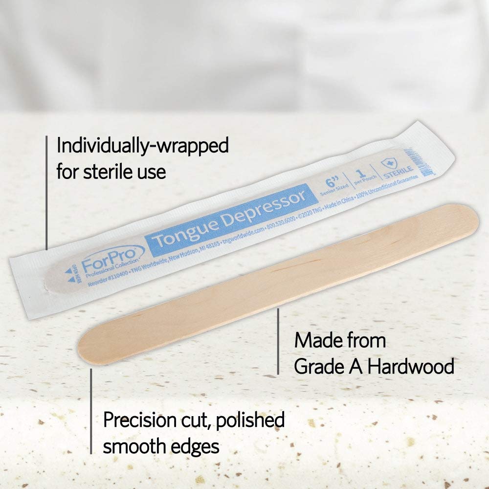 ForPro Professional Collection Senior Tongue Depressors, Large Wax Applicator Sticks, 6" Sized, Sterile, Individually Wrapped, 100 Count, Pack of 6