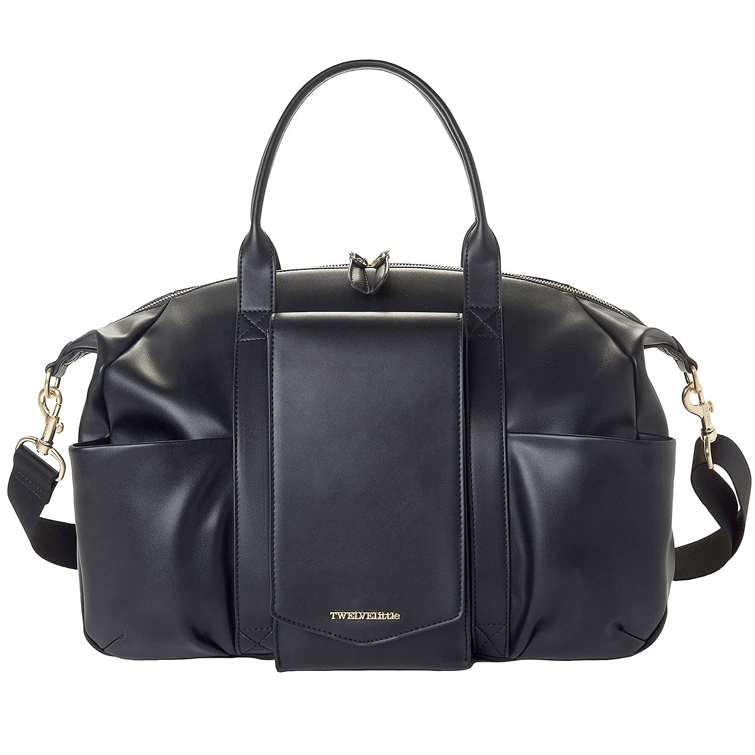 TWELVElittle Peek A Boo Vegan Leather Satchel Diaperbag - Baby Bag with Wipes Pouch, Stroller clips and Diaper Changing Mat, Black, Vegan Leather