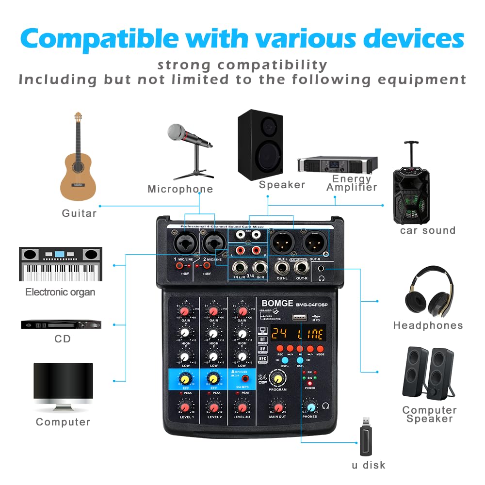 BOMGE 4 Channel mini DJ Audio Sound Mixer Interface with MP3、 USB, Bluetooth, Stereo Recording, 48V Phantom Power, 24 DSP for karaoke, performance, church singing 、 podcas streaming