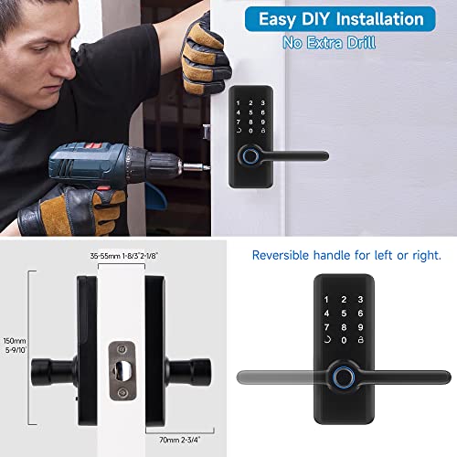 BEBASIA Smart Door Lock, Keyless Entry Door Lock, Fingerprint Door Lock, Door Locks with Keypads, Bluetooth WiFi Door Locks, Keypad Door Lock with Reversible Handle, APP Control, Fobs, Code (Black)