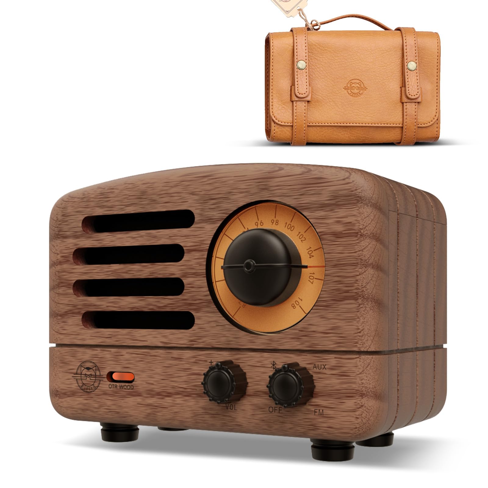 Muzen Portable Bluetooth Speaker, OTR Wood Vintage Small Wireless Speaker, FM Radio with Antenna AUX, 10h+ Long Playtime, High Fidelity Stereo Audio with Suitcase, for Gift Home Picnic