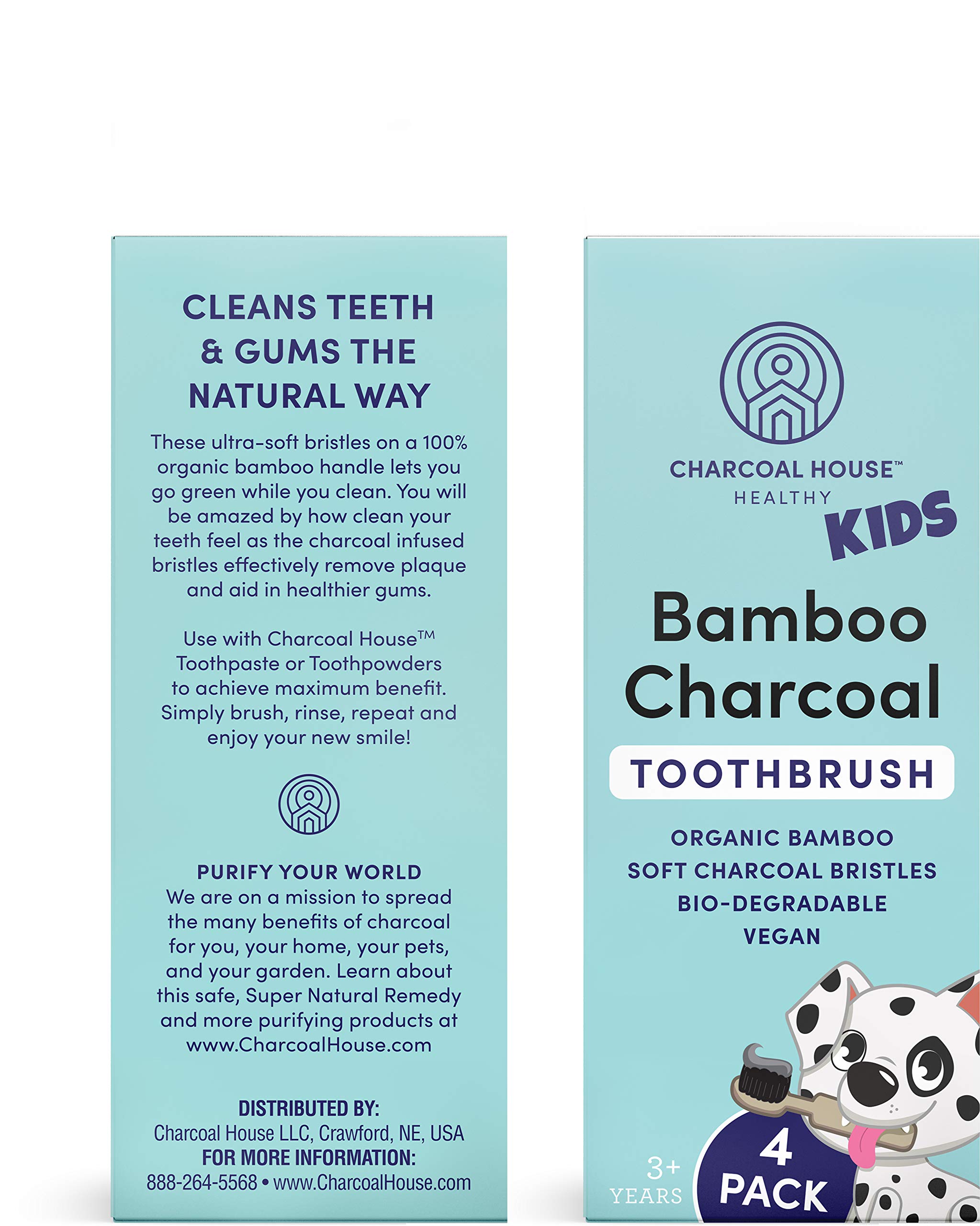 Charcoal House 4-Pack Kids Organic Bamboo Charcoal Toothbrushes Set - Biodegradable & Natural - Perfect for Toddler to Children's Age - with Soft Bristles for Gentle Brushing