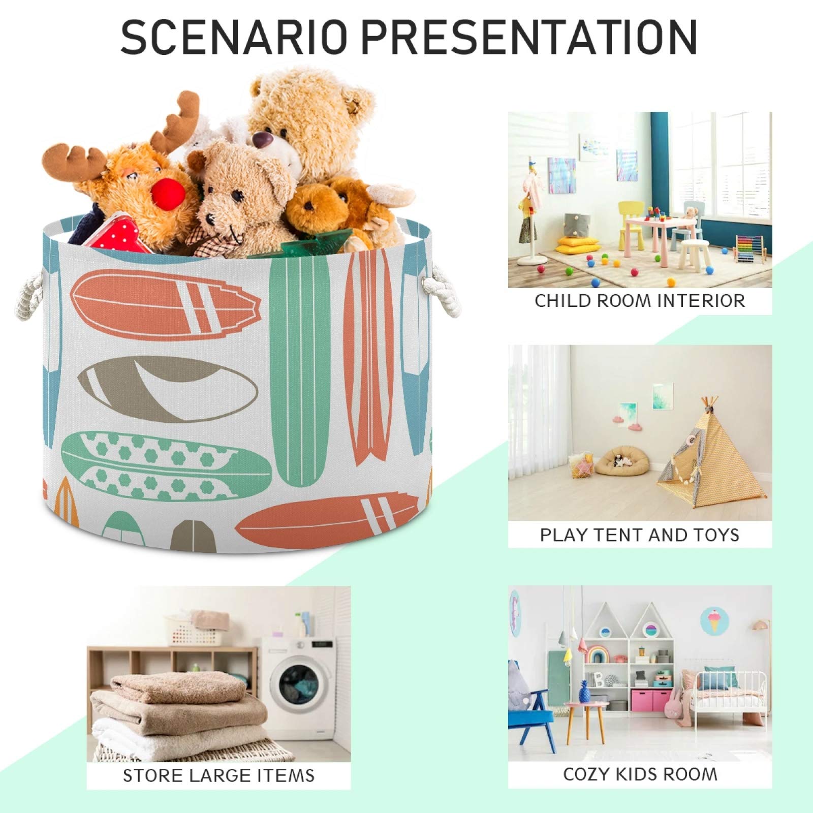 Oyihfvs Sea Surfing Surfboards in Retro Colors Round Storage Basket Bin, Waterproof Laundry Hamper, Large Collapsible Bucket, Baby Nursery Organizer with Handles for Bathroom Toys Clothes