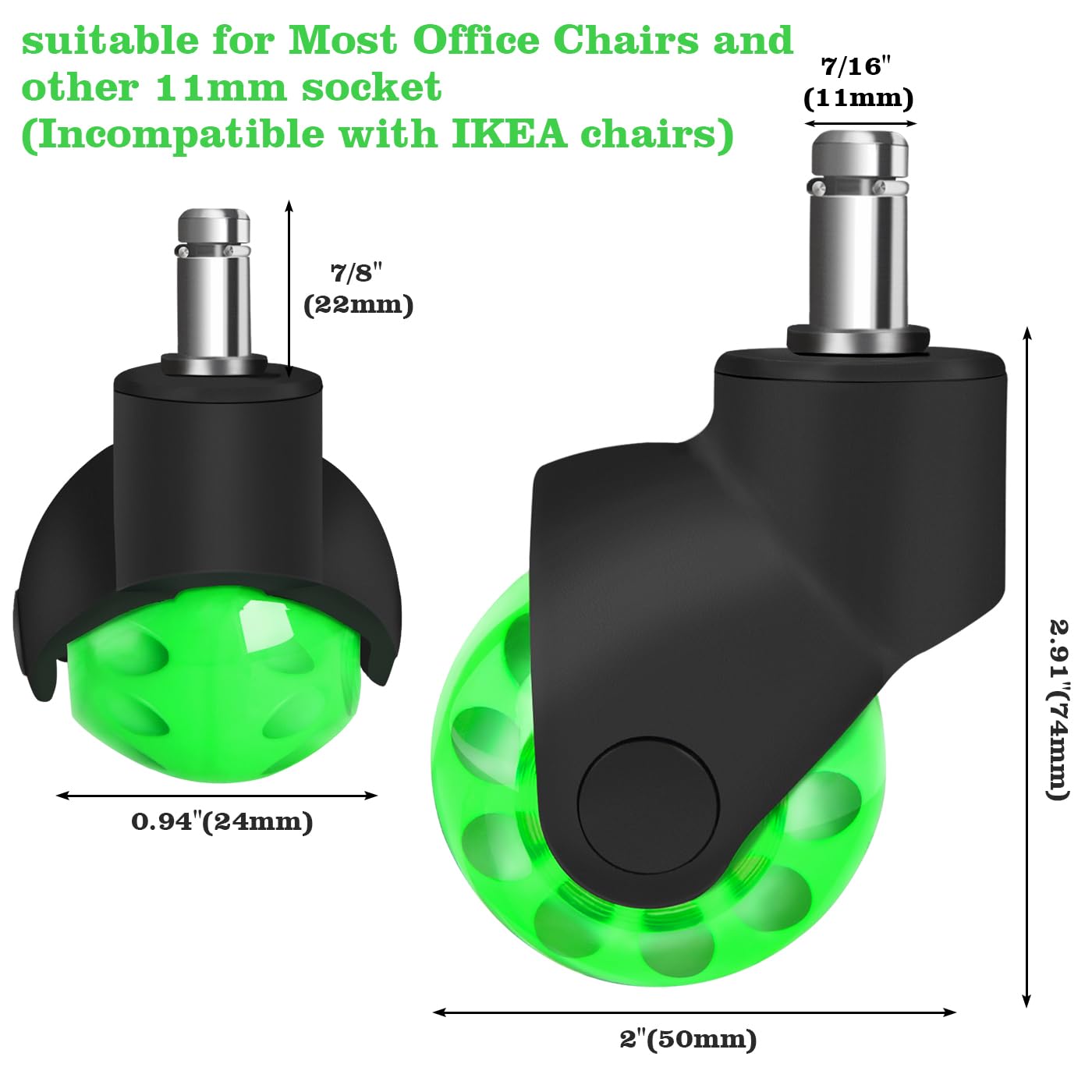 2" Ball Caster Wheels, Hirate 360 Degree Rotation Universal Ball Casters with Nylon Cover for Office Furniture Chairs Replacement Casters Smooth Rolling 7/16" x 7/8", Set of 5, Green