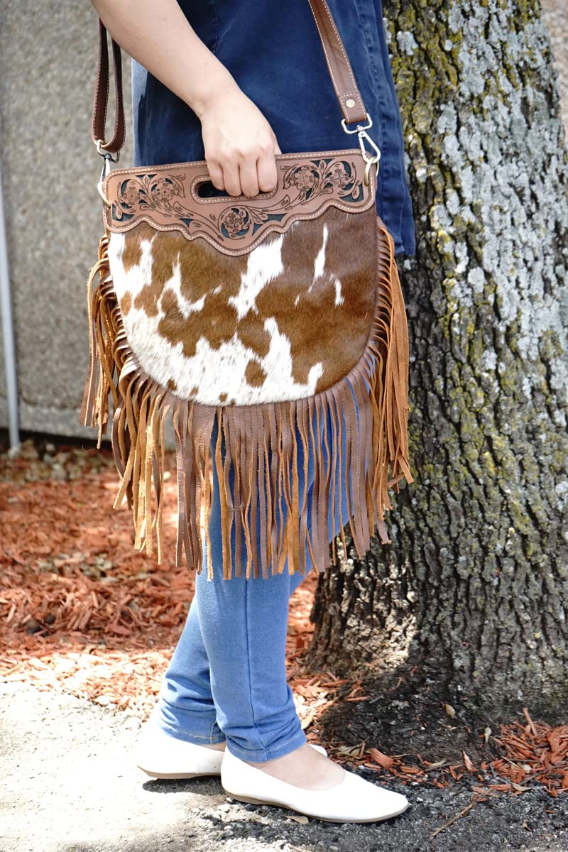 bonanza leathers women's cowhide handbag crossbody shoulder leather bag with fringes button closure H8 (Brown)
