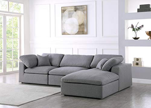 Meridian Furniture Serene Collection Modern | Contemporary Deluxe Comfort Modular Sectional, Soft Linen Textured Fabric, Down Cushions, 2 Corner + 1 Armless + 1 Ottoman, Grey