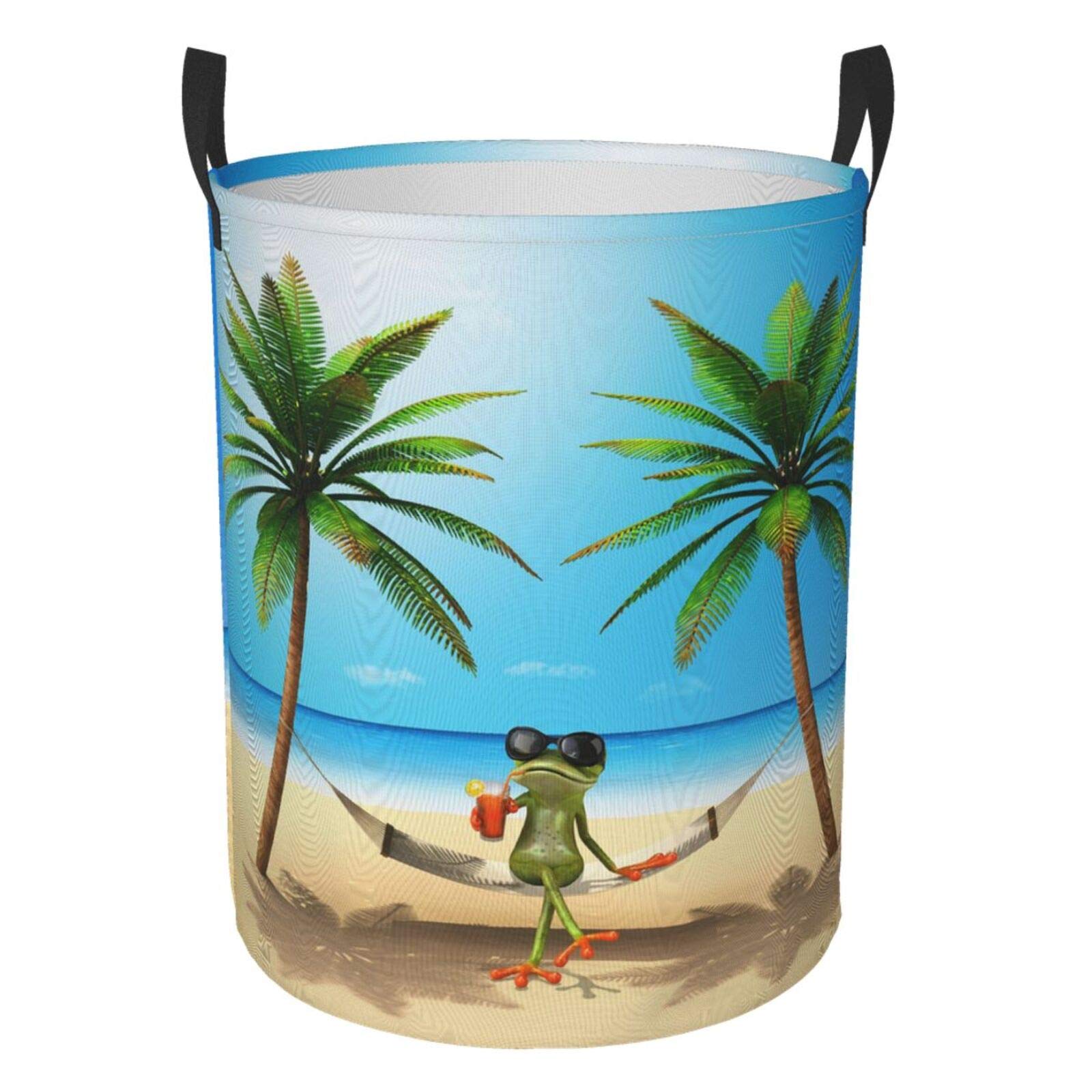 Foruidea Summer Green Frog Laundry Basket,Laundry Hamper,Collapsible Storage Bin, Oxford Fabric Clothes Baskets,Nursery Hamper For Home,Office,Dorm,Gift Basket