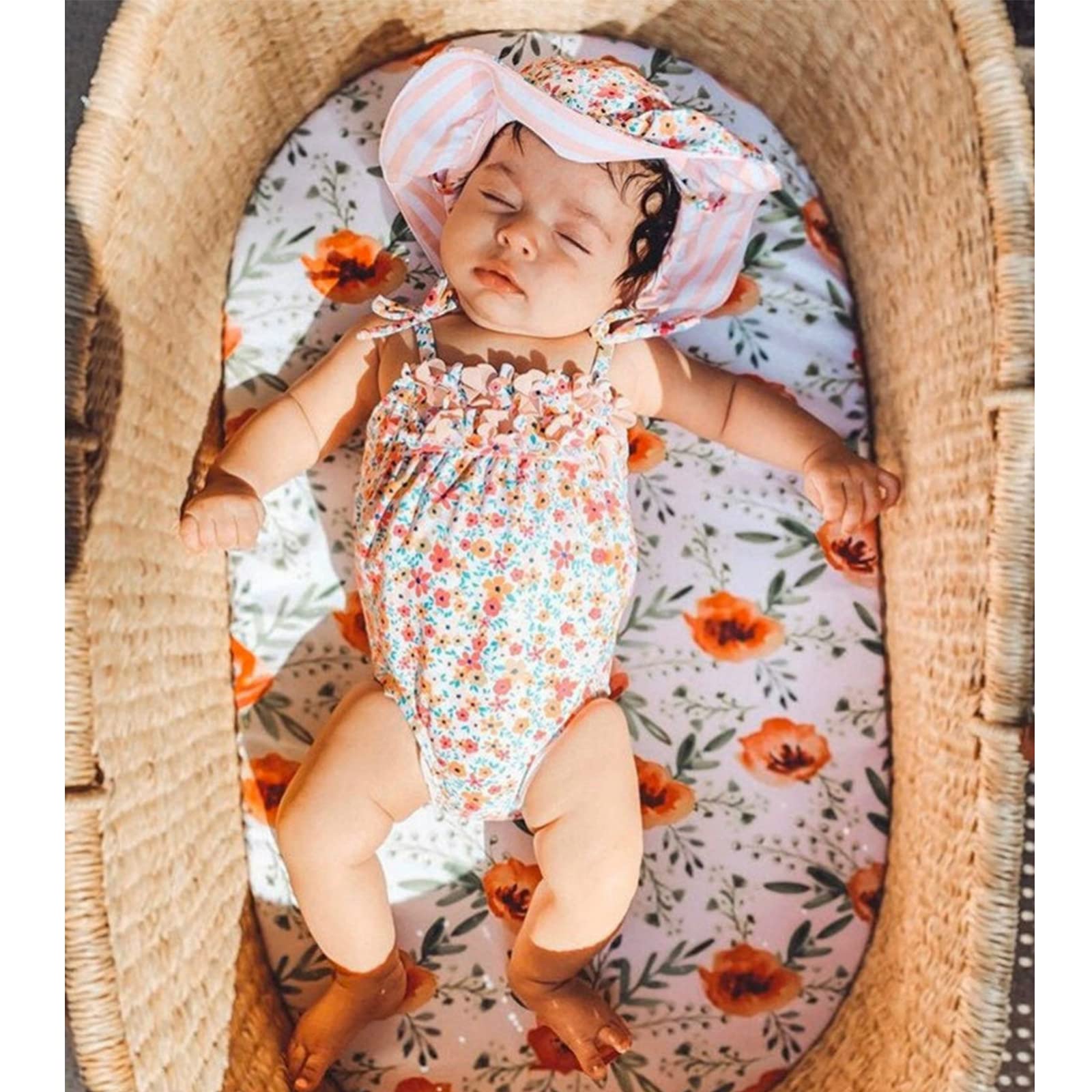 Moses Basket Baby Sheet Bassinet Set 2 Pack Sheet Cradle Fit for Halo Bassinet Swivel Sleeper Fitted Hourglass Bassinet Mattress Sheet (Floral)
