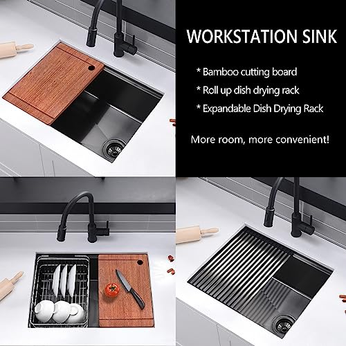 25 Inch Undermount Workstation Kitchen Sink, Gabhar Black Stainless Steel Kitchen Sink with Offset Drain