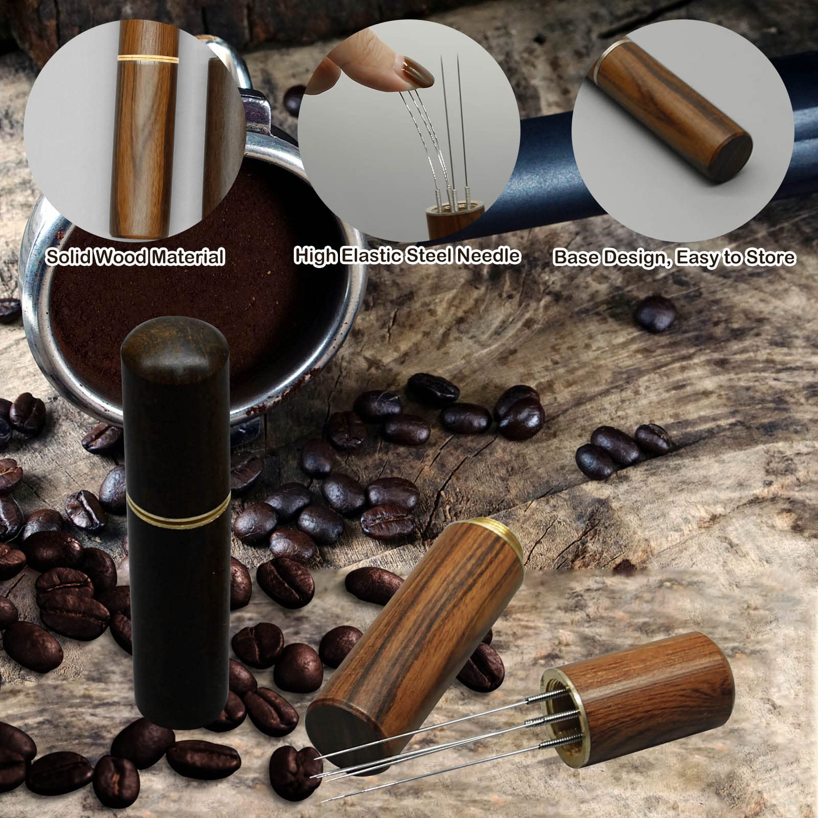 2 Pcs Espresso Distribution Tool, Espresso Stirrer Tool with Natural Wood Handle and Base, 5 Needles Espresso Coffee Stirrers Espresso Needle Distributor for Home Kitchen Cafe (Walnut and Rosewood)