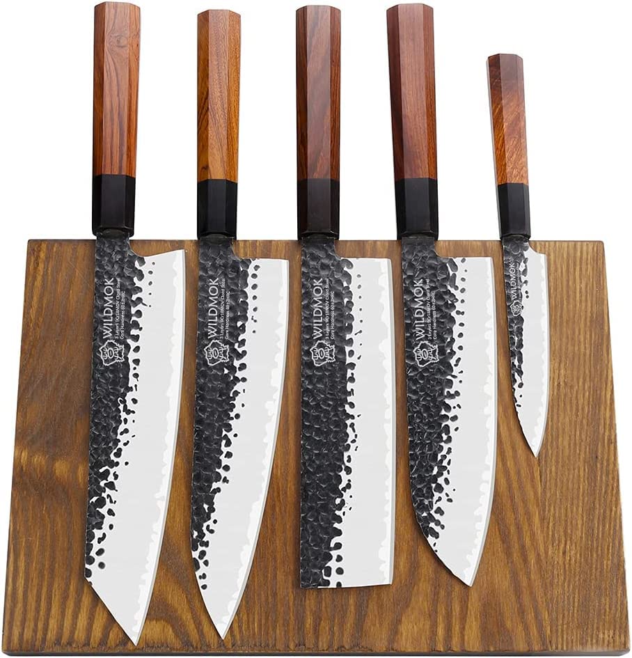 WILDMOK Kitchen Knife Set with Block 6 Pieces Sharp Professional Chef Knife Set 3 Layers 9Cr18MoV Clad Steel Knife Set with Magnetic Knife Block