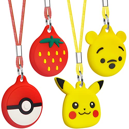 AirTag Holder for Kids [ 4 Pack ] Cute Cartoon Air tag Necklace Keychain for Kids & Adults, Soft Silicone Cover for AirTags with Key Ring Red Strawberry